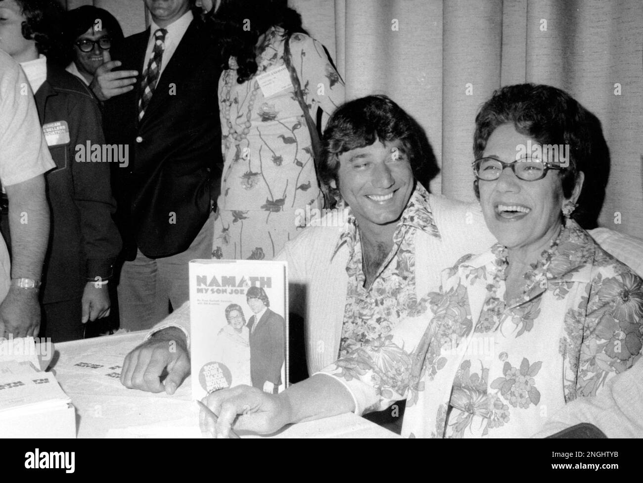 Joe Namath and his mother, Rose Namath Szolnoki, laugh during a news ...