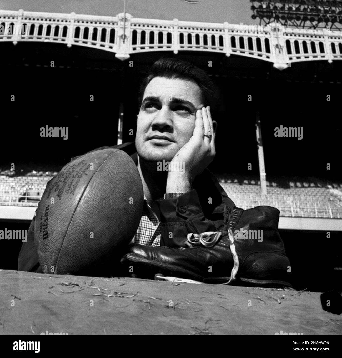 Pat Summerall, the New York Giants kicker poses with his shoe and ...