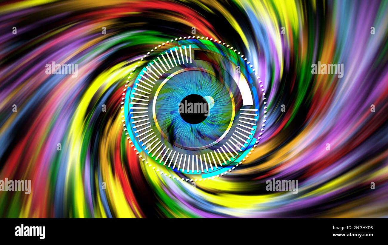 Abstract swirl painting in rainbow colours with magic eye in the center ...
