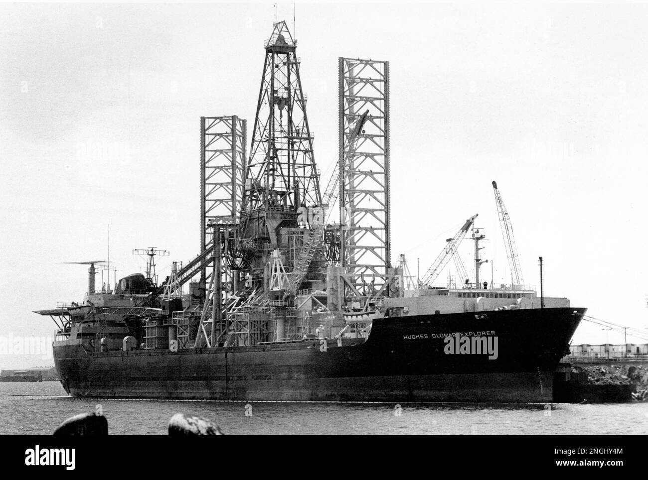 The Hughes Glomar Explorer, a 618-foot-long ship, is tied up at the dock in nearby Long Beach ...
