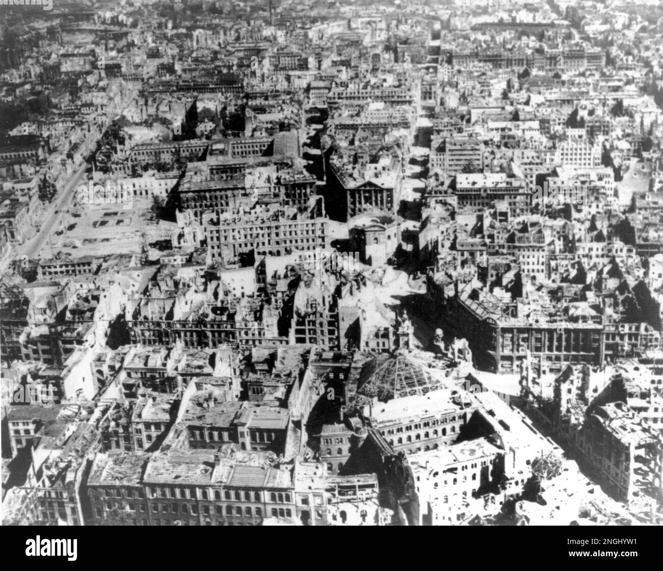 This 1945 photograph shows the extensive damage caused by the many air ...