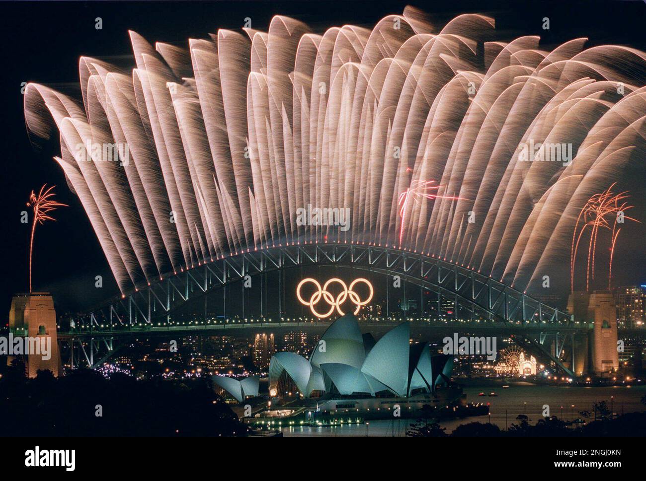 The closing ceremony fireworks for the Sydney 2000 Olympic Games erupt ...