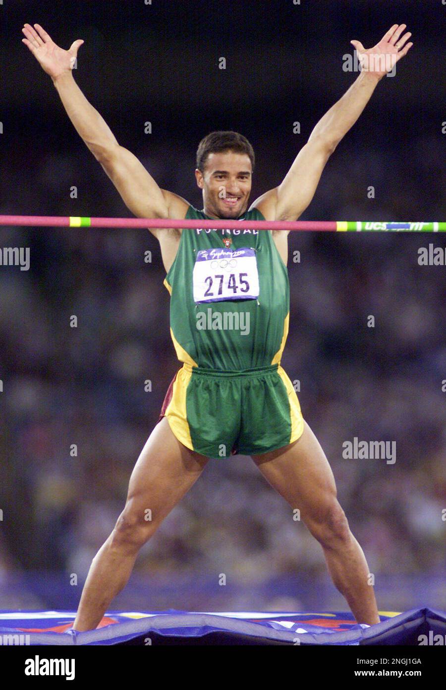 Portugal's Mario Anibal celebrates a high jump during the decathlon ...