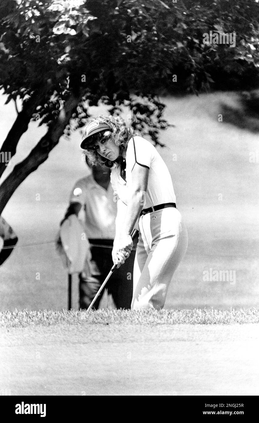 LPGA golfer Jan Stephenson watches the flight of her golf ball on the ...