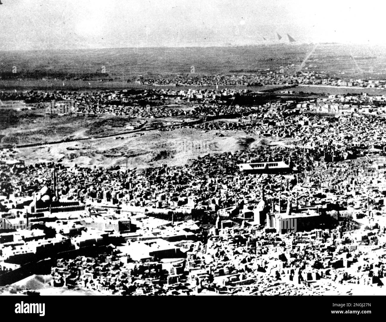 This is an aerial view of Cairo, Egypt on July 2, 1942. The pyramids ...