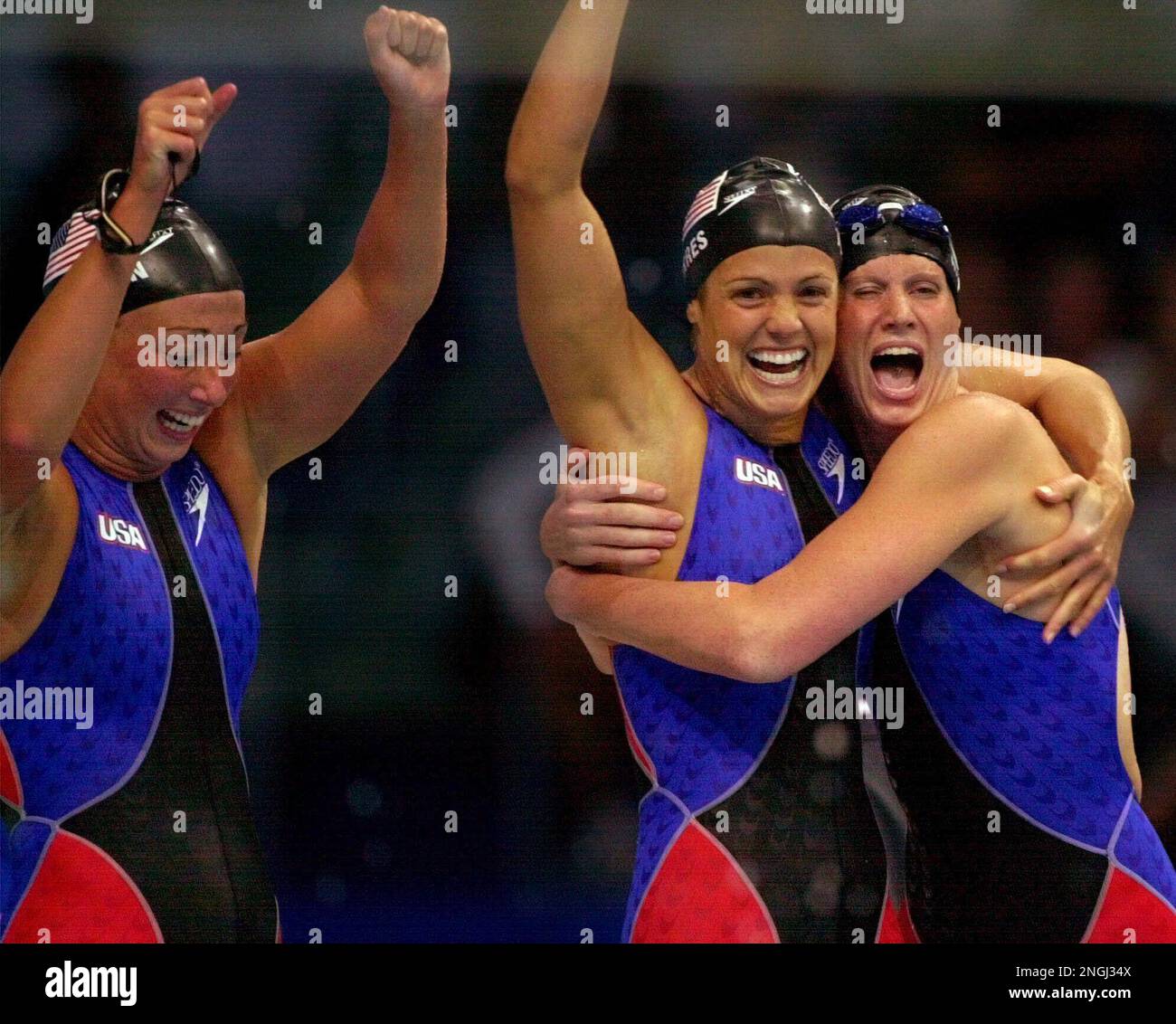 U.S. swimmers Amy Van Dyken, left, Dara Torres, center, and Courtney ...