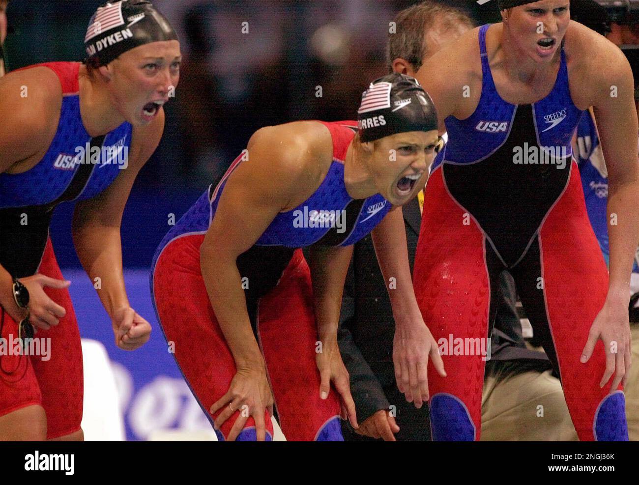 U.S. swimmers Amy Van Dyken, left, Dara Torres, center, and Courtney ...