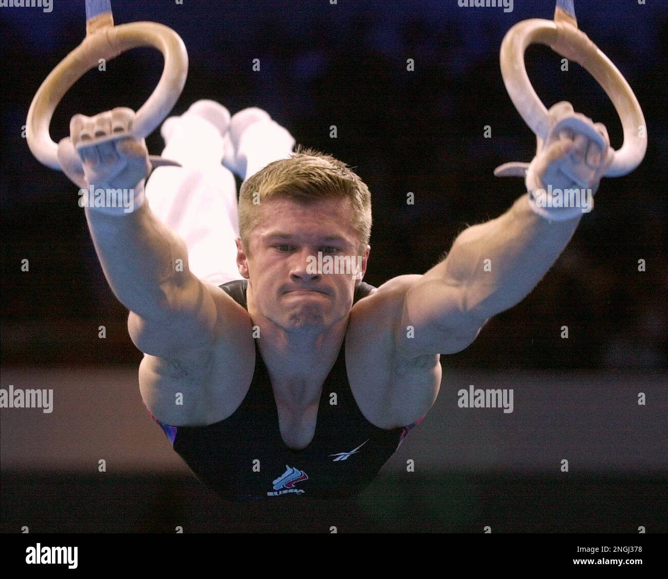 Russian gymnast Alexei Nemov competes on the rings during the men's ...