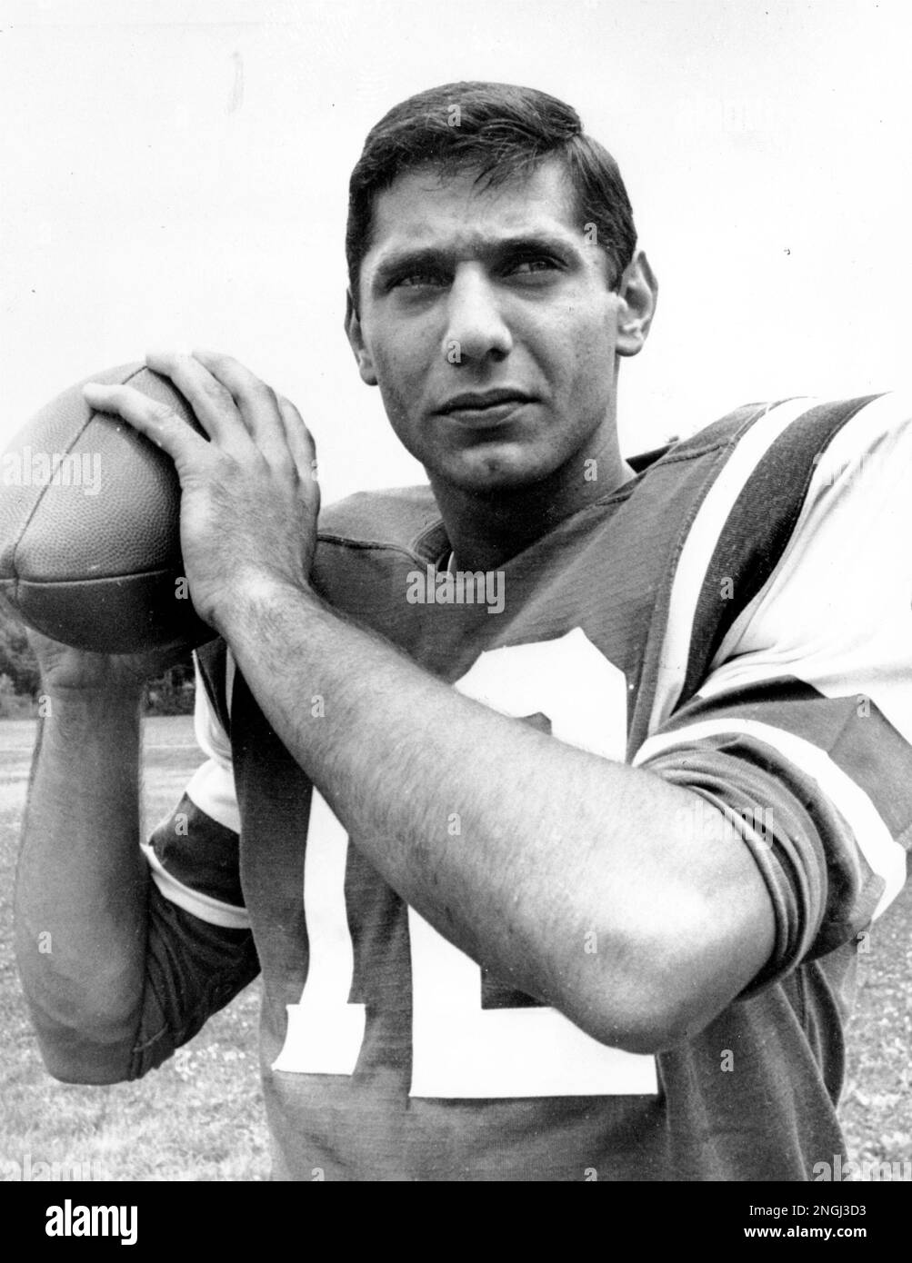 Jets quarterback Joe Namath poses at the Jets training camp in ...