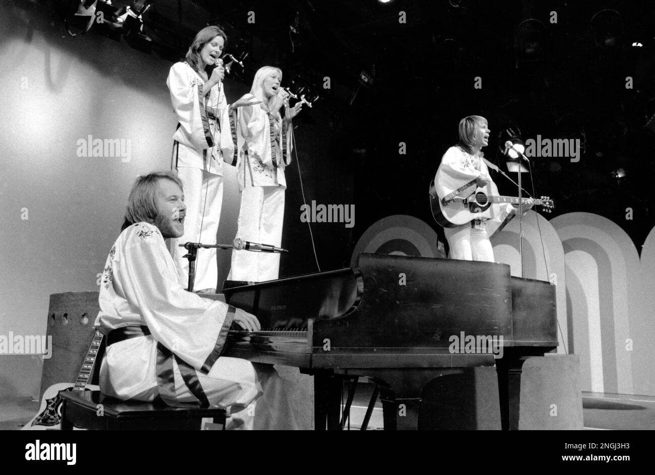 Swedish rock group "ABBA" performs on the public television show ...