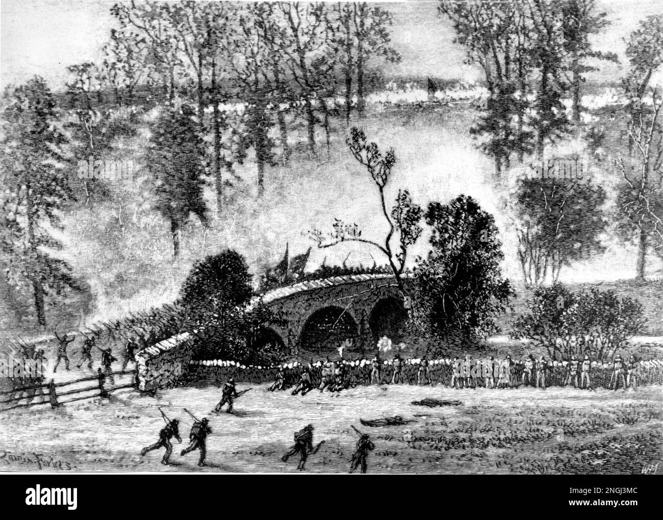 Union troops charge across the Burnside bridge over Antietam Creek in ...