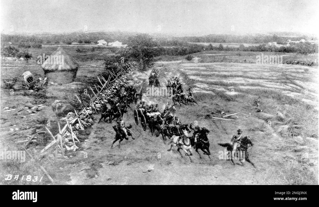 This photo of a drawing shows the Union army galloping into action on ...