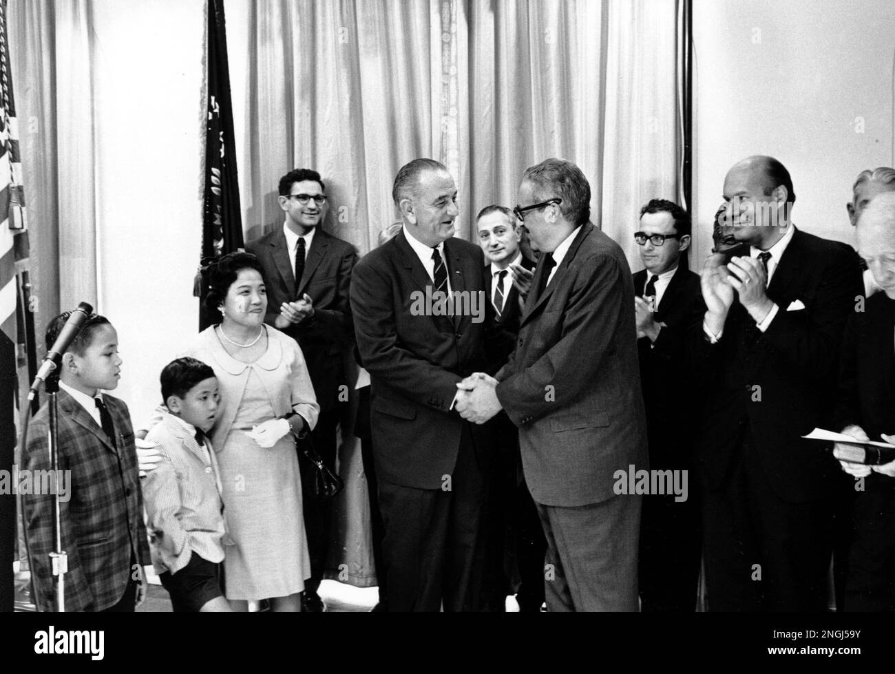 U.S. President Lyndon B. Johnson congratulates Thurgood Marshall after ...