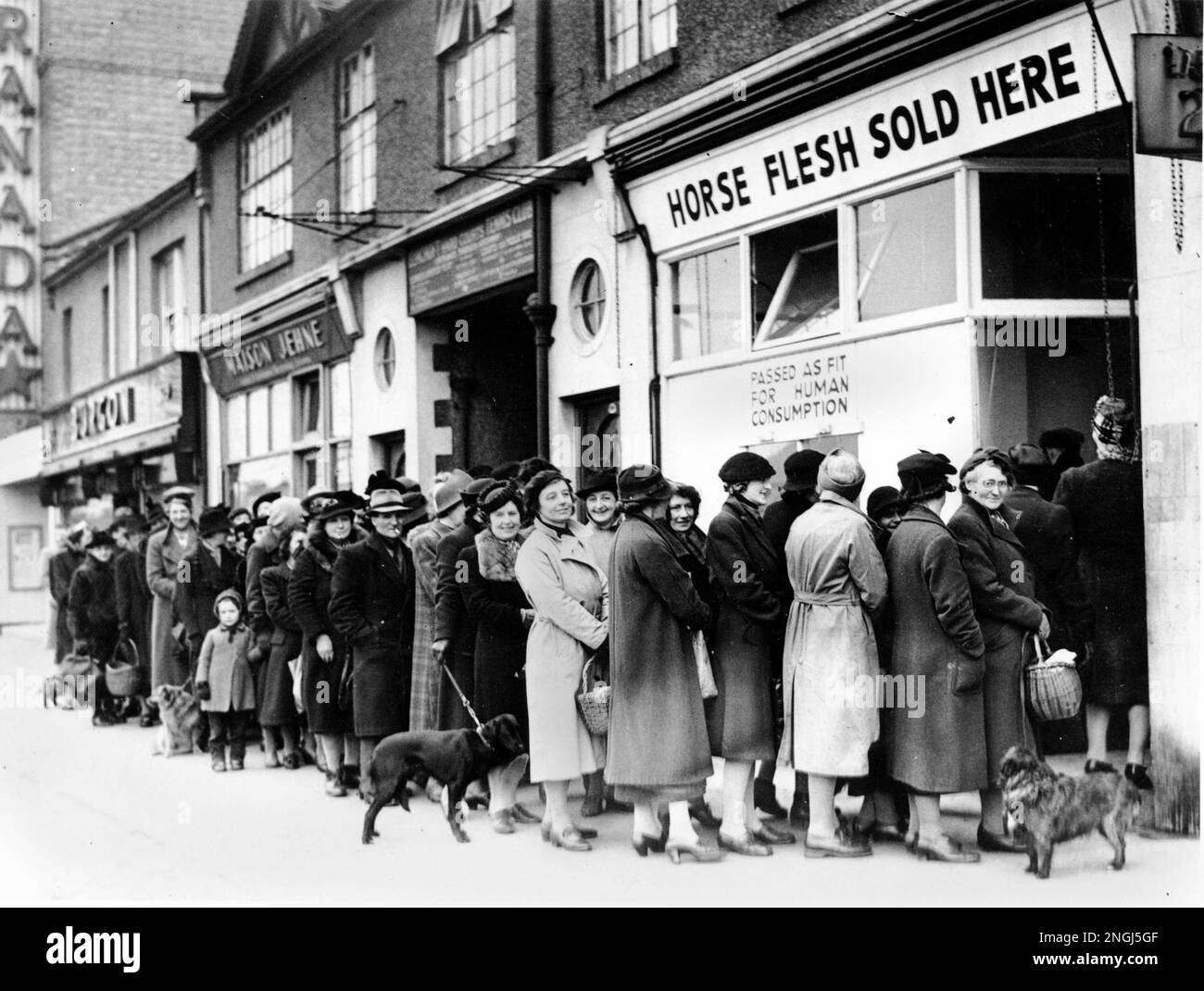 Women line up outside a butcher shop to buy meat in North Cheam, Surrey ...