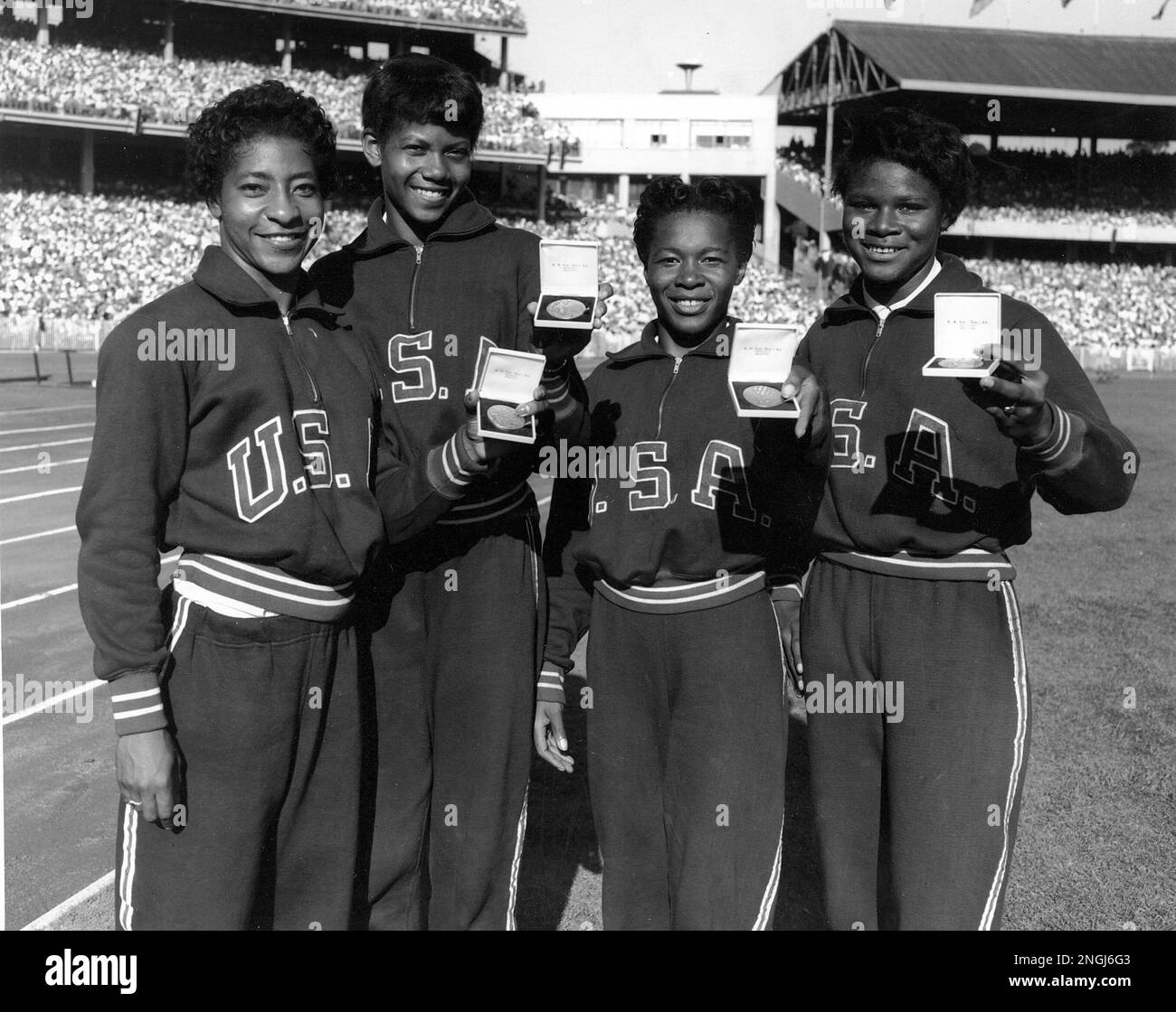 The American women's track team wins third place in the 4 x 100 meters ...
