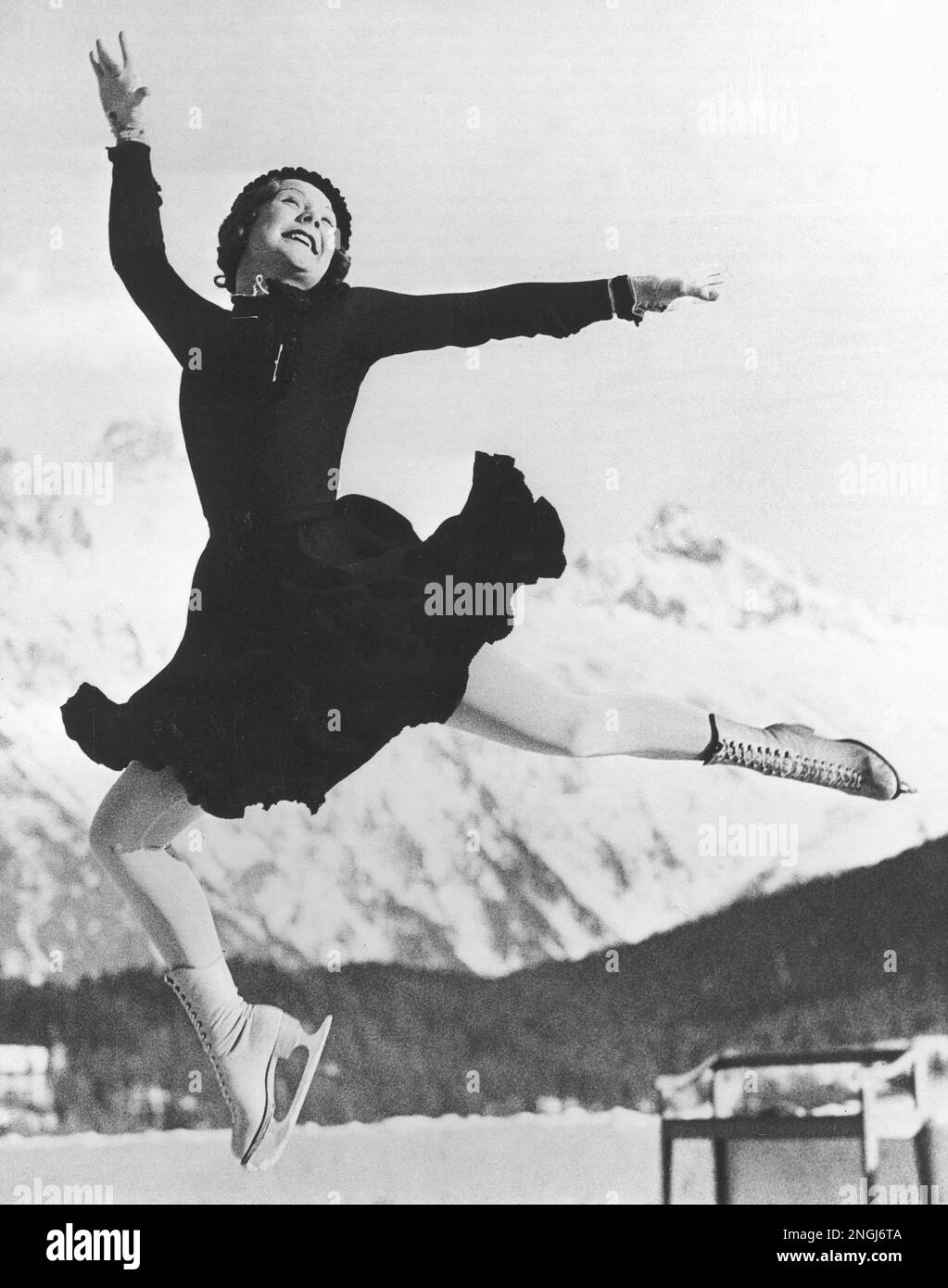 Norwegian born American Sonja Henie executes a difficult leap on the ...