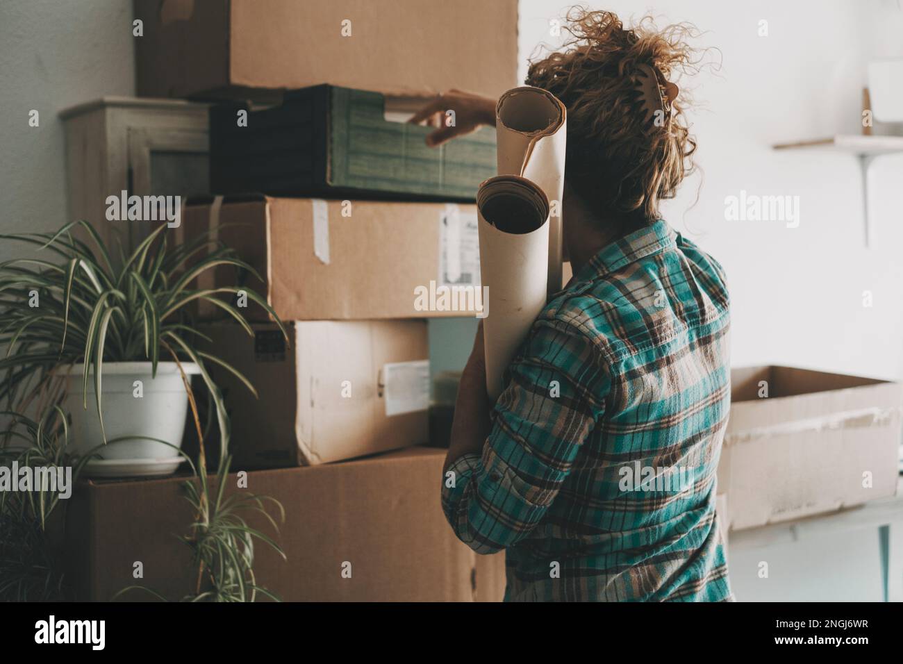 Woman in indoor relocating moving activity working with stuffs and ...