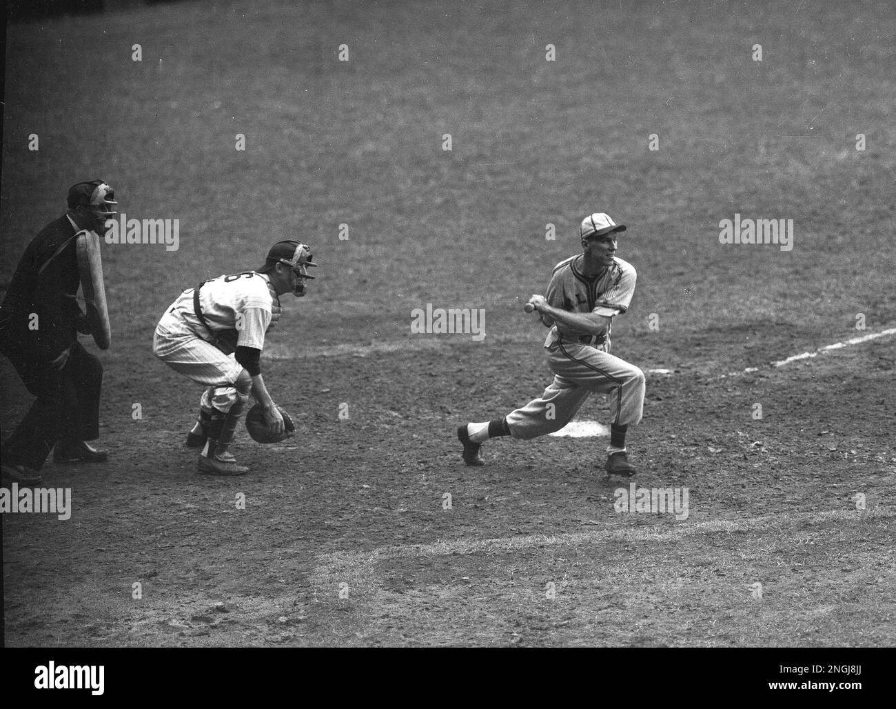 Pete Gray, the St. Louis Browns' one-armed outfielder, is shown batting ...