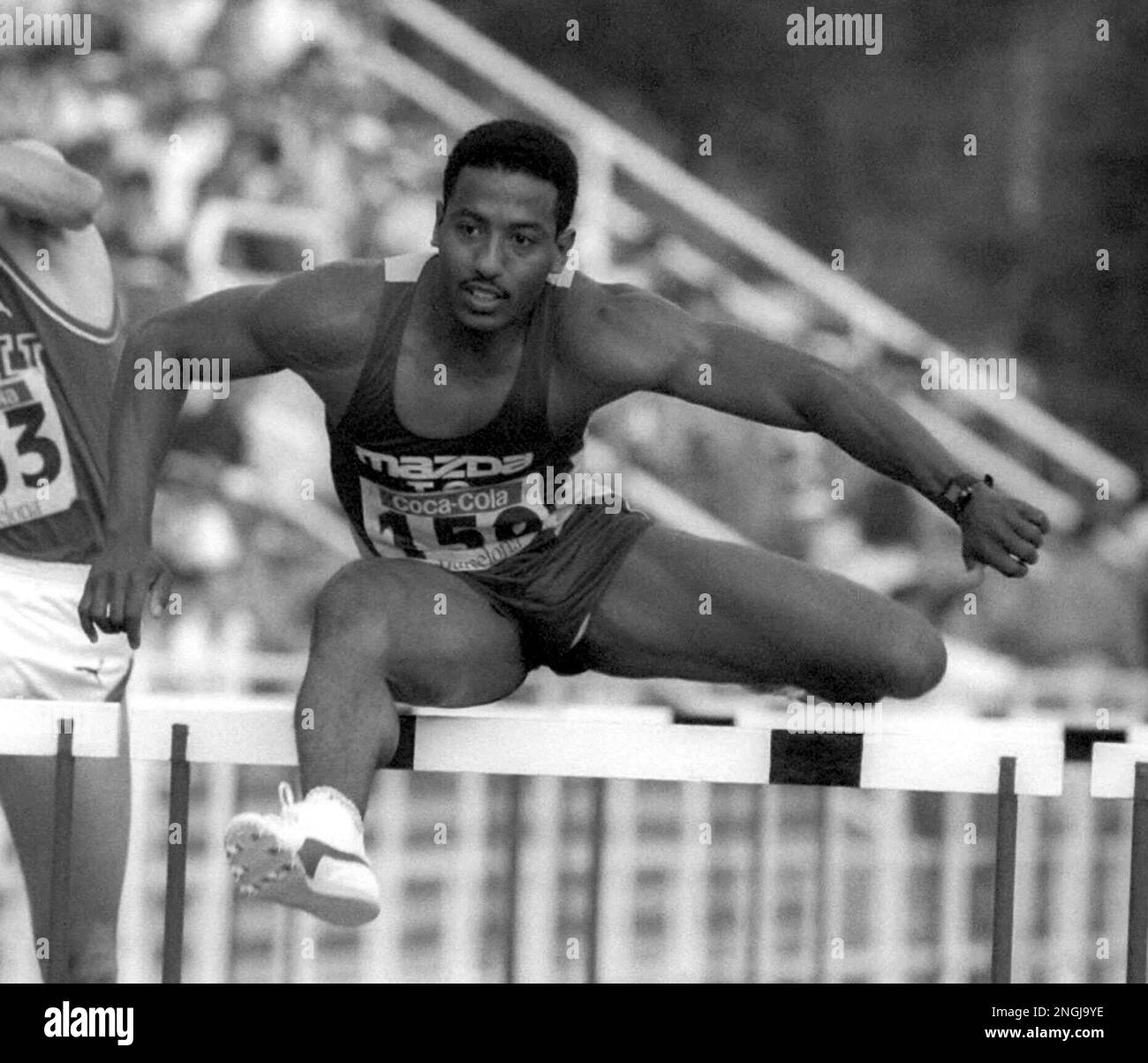 Renaldo Nehemiah, of the U.S., winner of the 110-meter hurdles, is ...