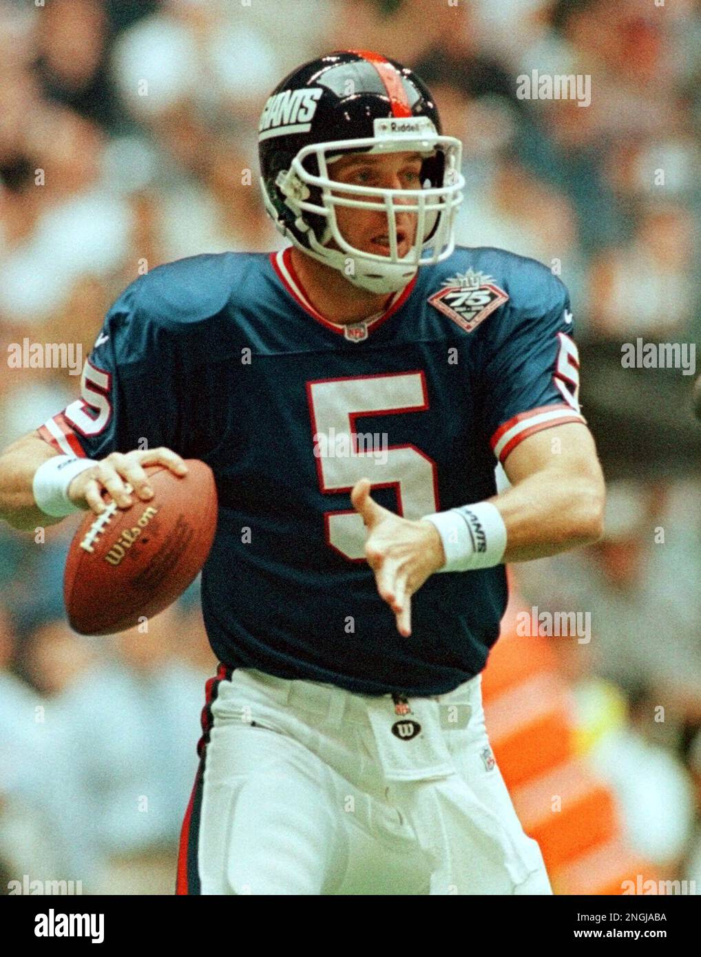 New York Giants quarterback Kerry Collins looks for a receiver during ...