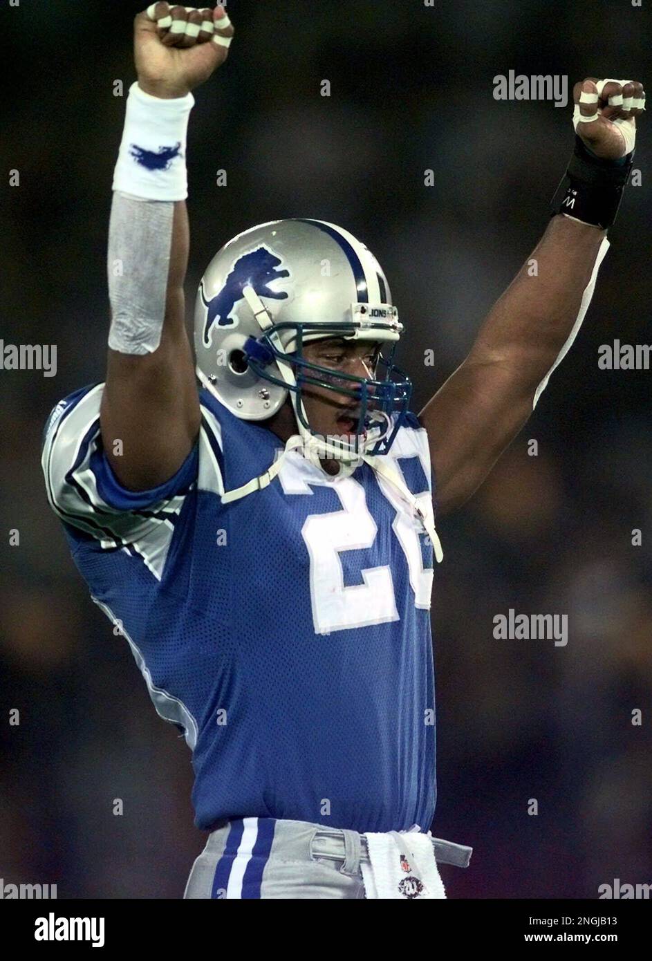 Detroit Lions safety Ron Rice (28) celebrates his interception of a ...