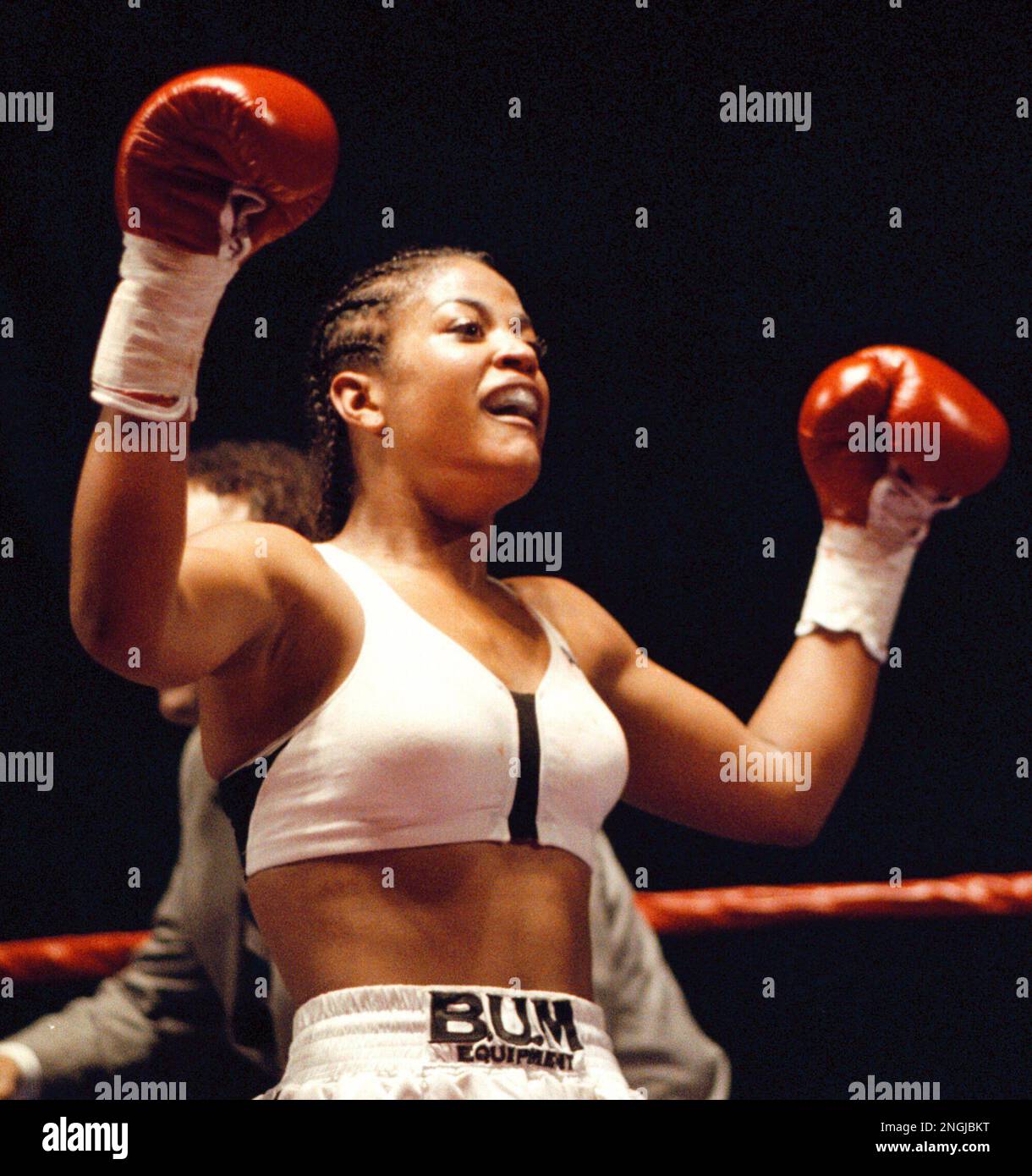 Laila Ali, the 21-year-old daughter of Muhammad Ali, celebrates her TKO ...
