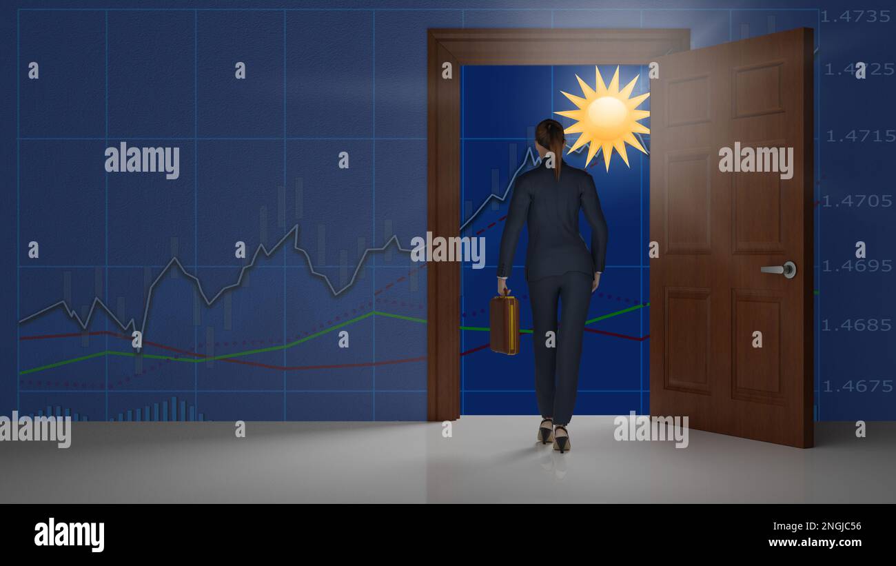 3d illustration. Business woman in front of open door from which the ...