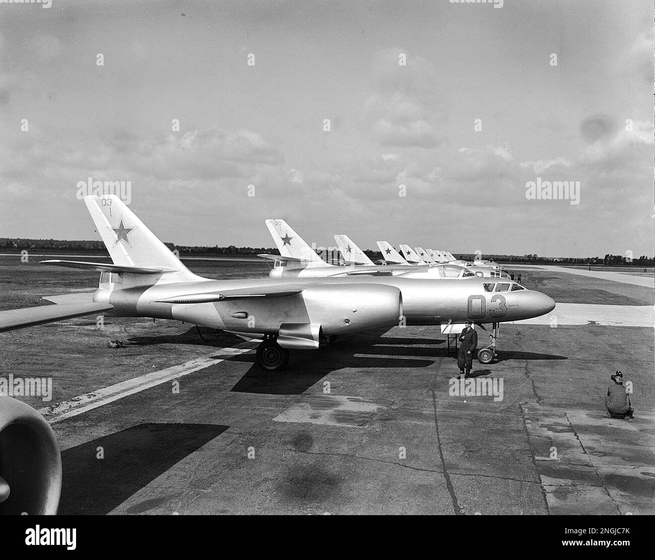 Soviet IL-28 twin-jet bombers line the runway at Oranienburg Air Base ...