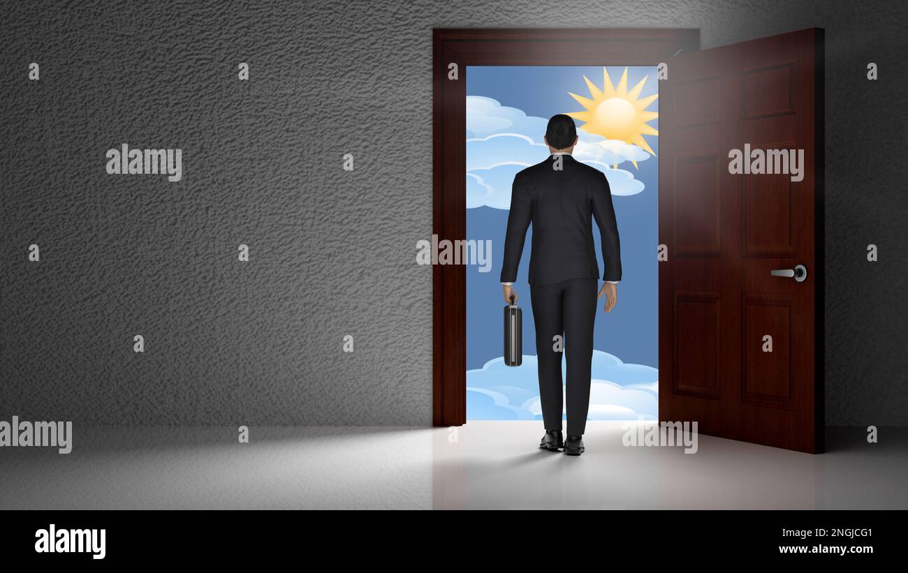3d illustration. Businessman in front of open door from which the ...