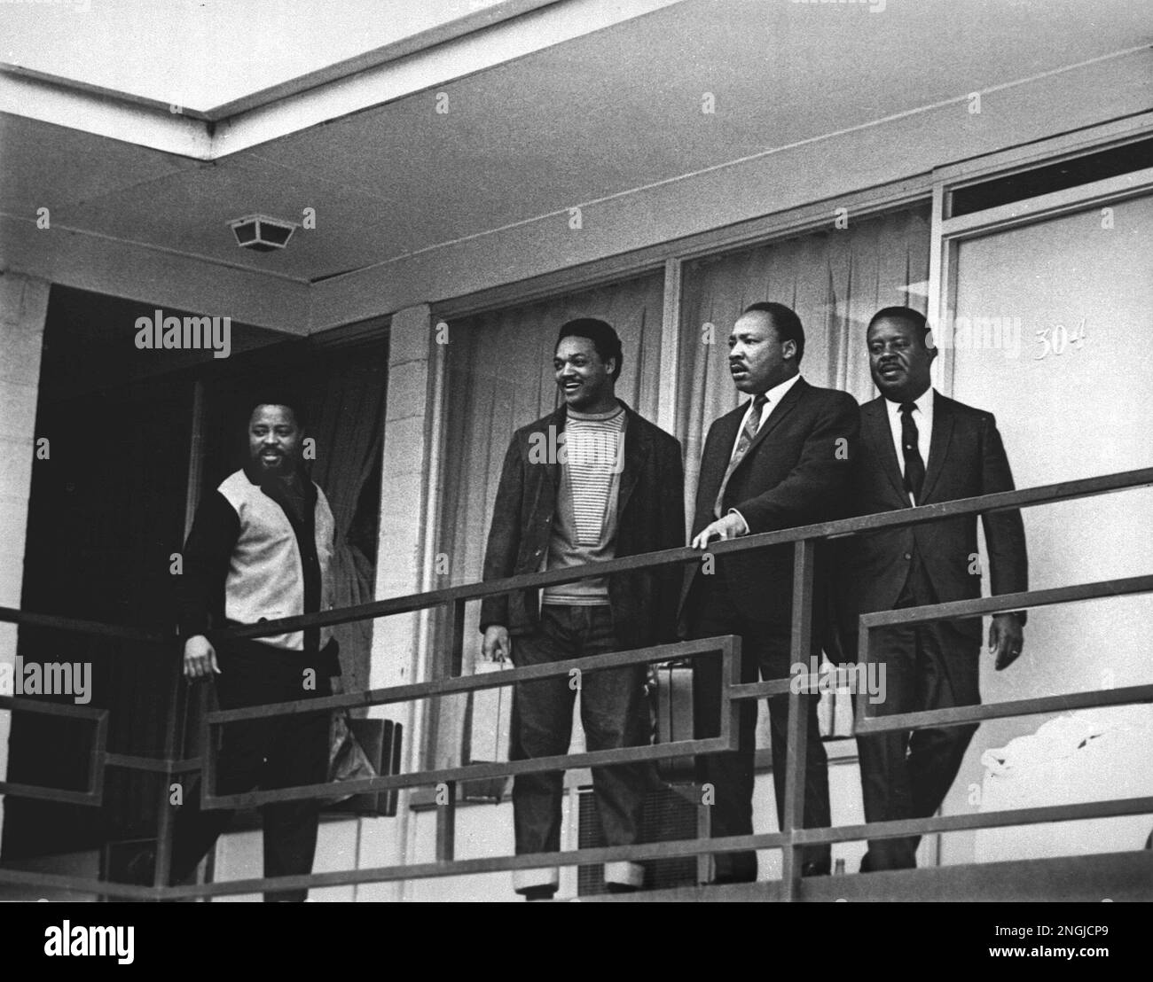 The Rev. Martin Luther King Jr. stands with other civil rights leaders on the balcony of the ...