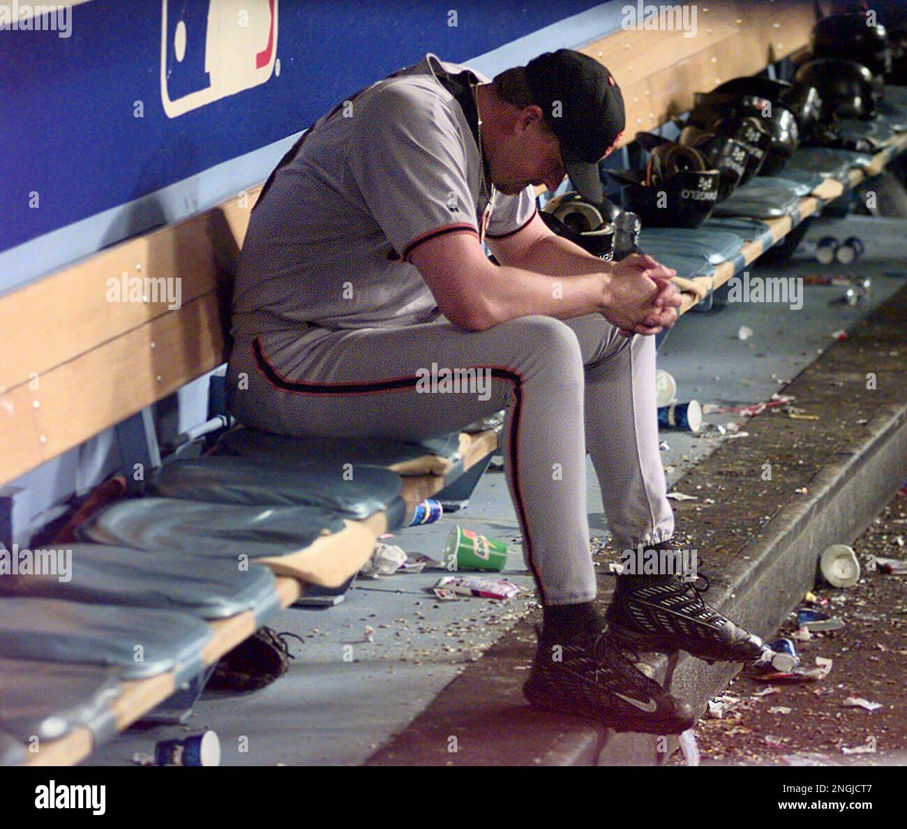 San Francisco Giants closing pitcher Jerry Spradlin lowers his head in ...