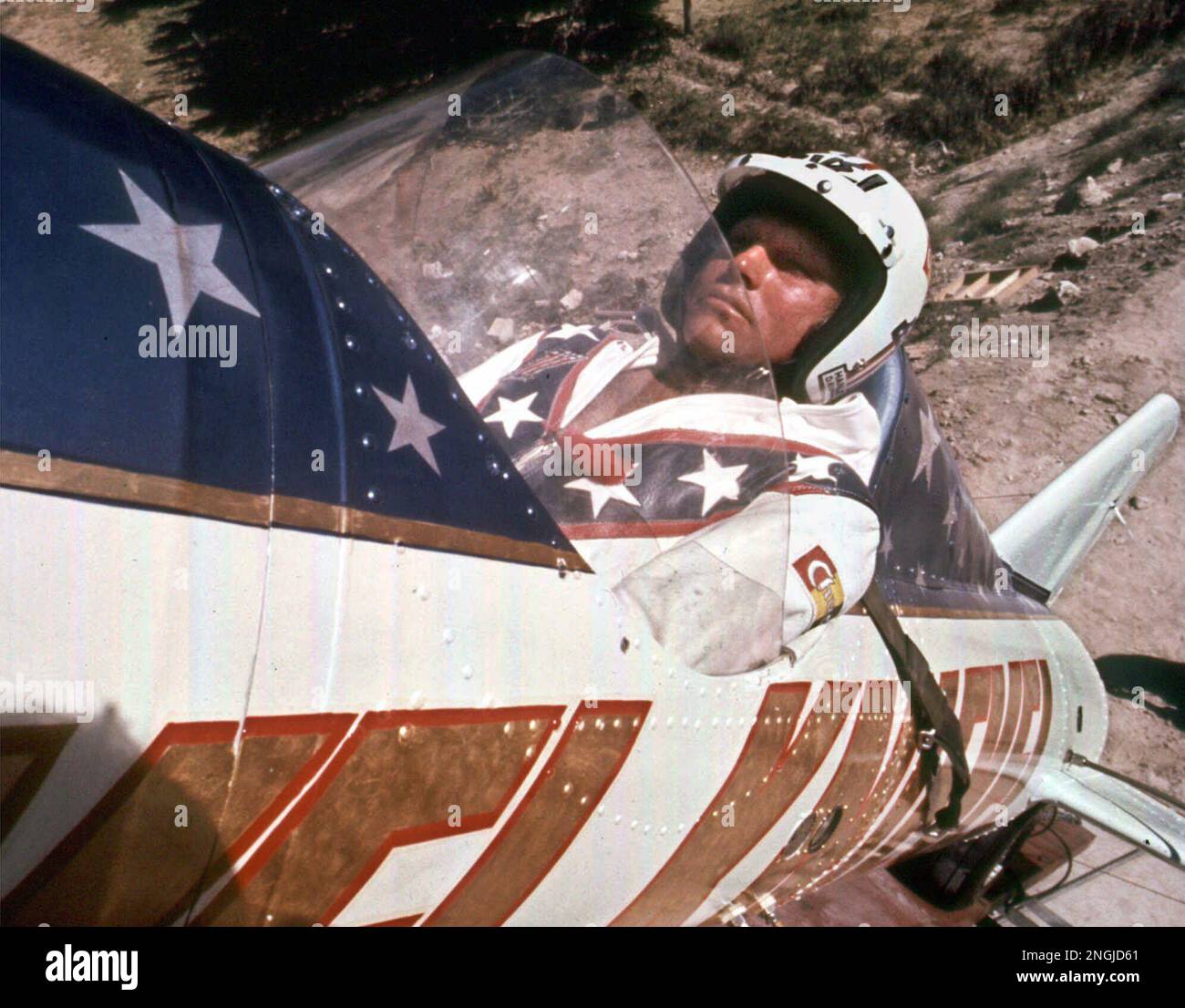 Evel Knievel is shown in his rocket before his failed attempt at a ...