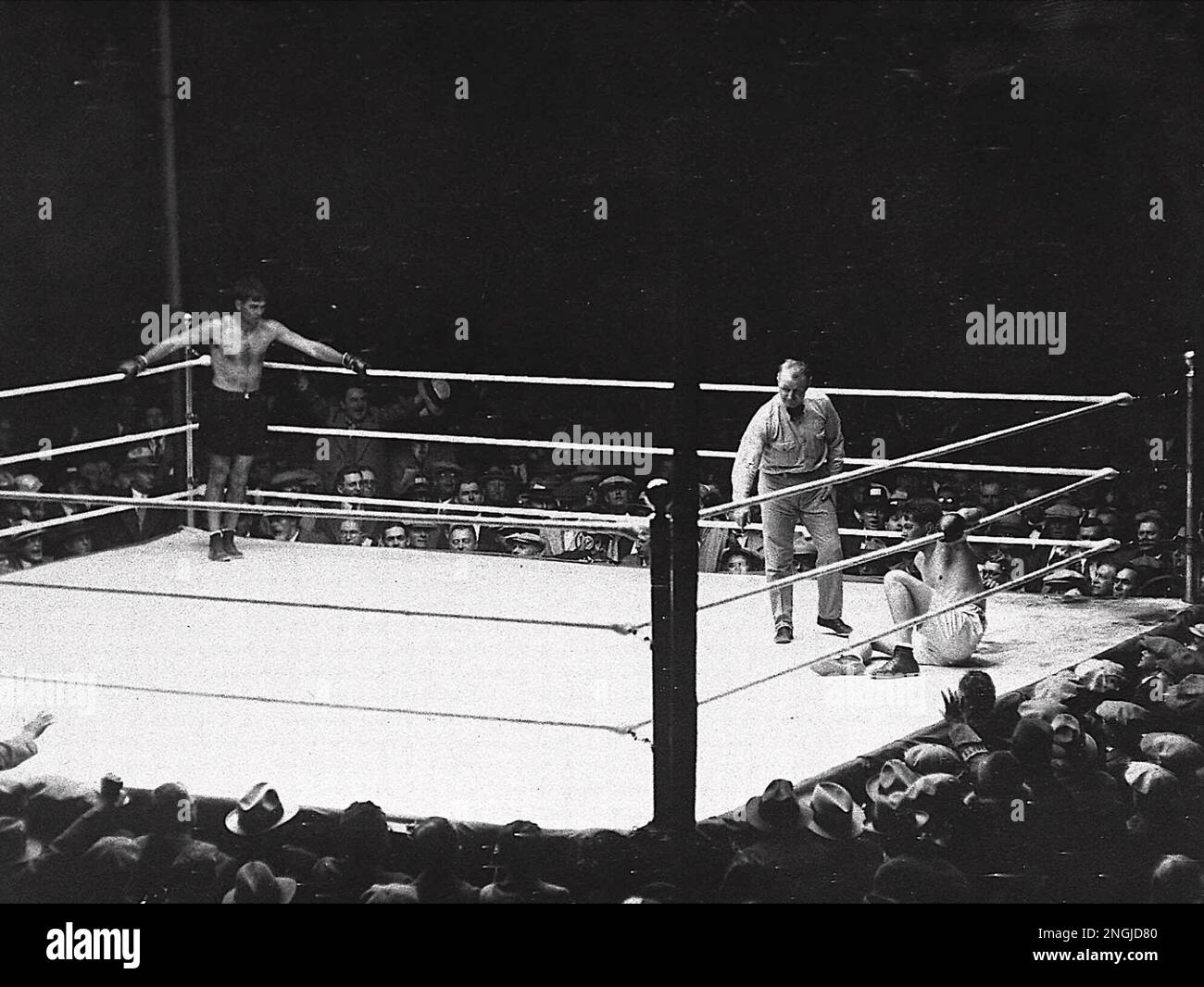 Referee Dave Berry delivers the count over downed champion Gene Tunney ...
