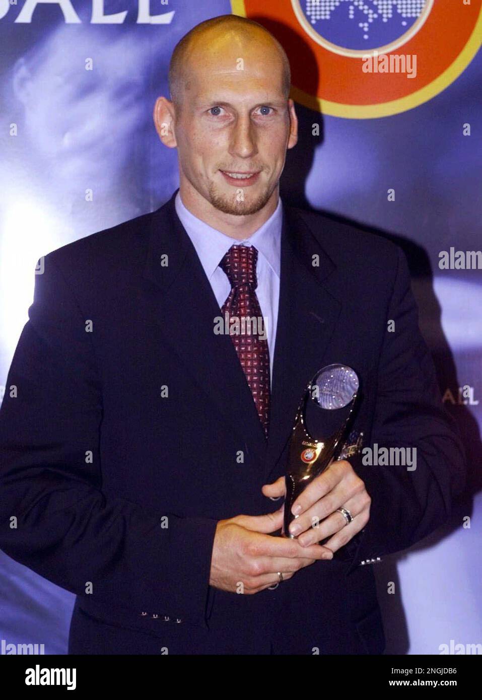 Dutch soccer player Jaap Stam of Manchester United, holds his UEFA ...
