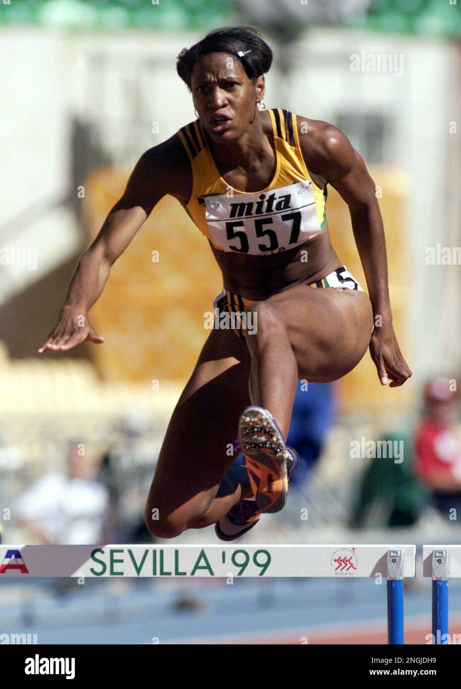 Jamaica's Deon Hemmings clears the hurdle in heat 4 of the Women's 400m hurdles at the seventh ...