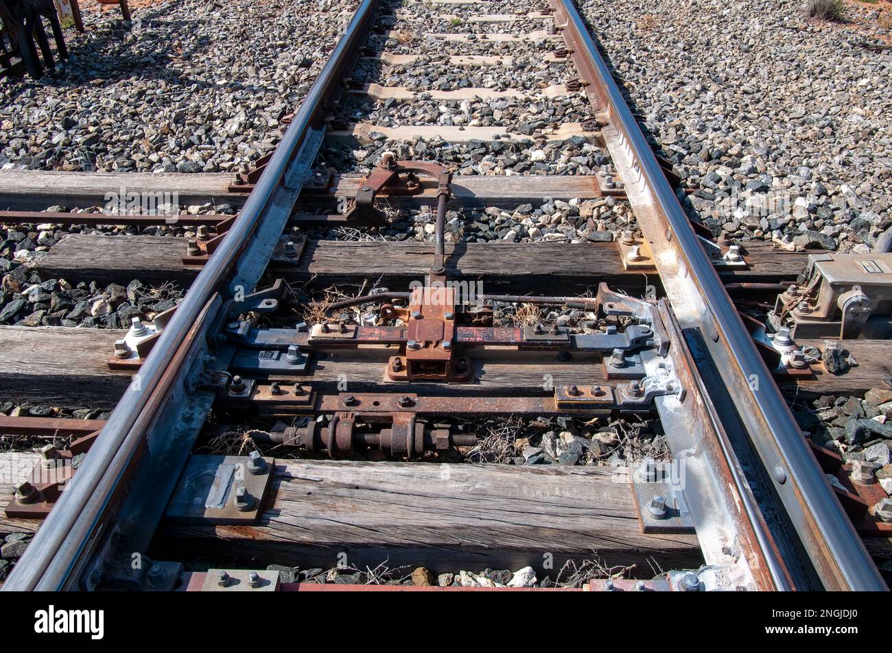 Menindee Australia, close up of switching mechanism on train track ...