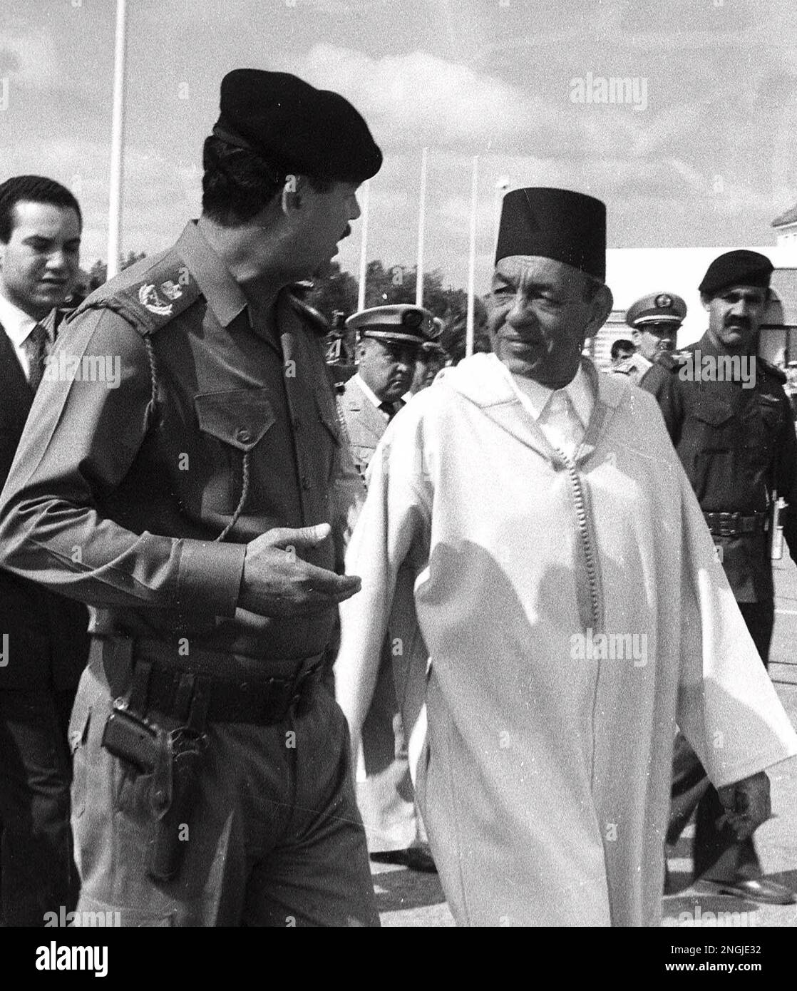 Iraqi President Saddam Hussein, left, walks with Morocco's King Hassan II in this 1989 photo ...