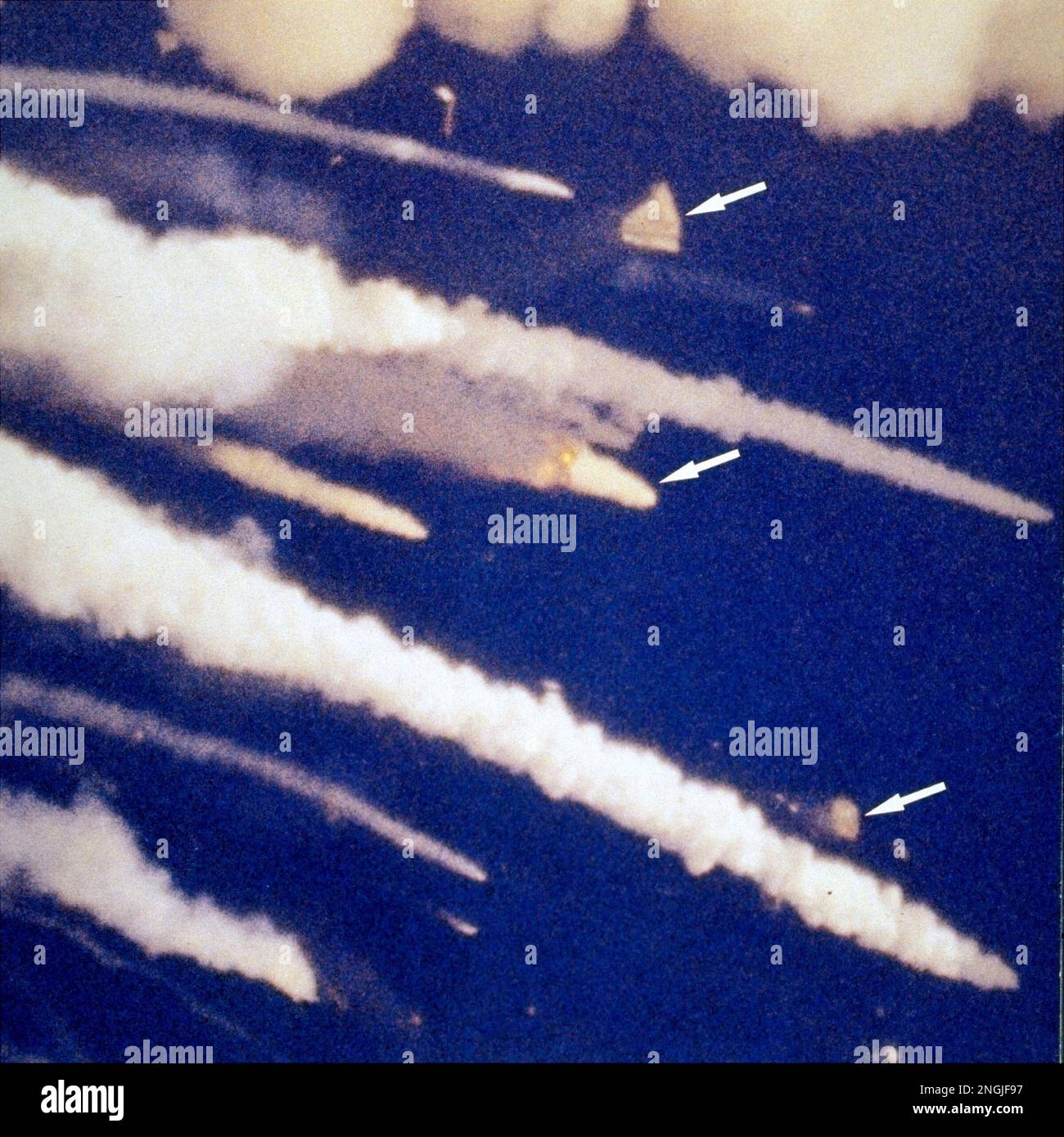 This picture shows the breakup of the Space Shuttle Challenger, January ...