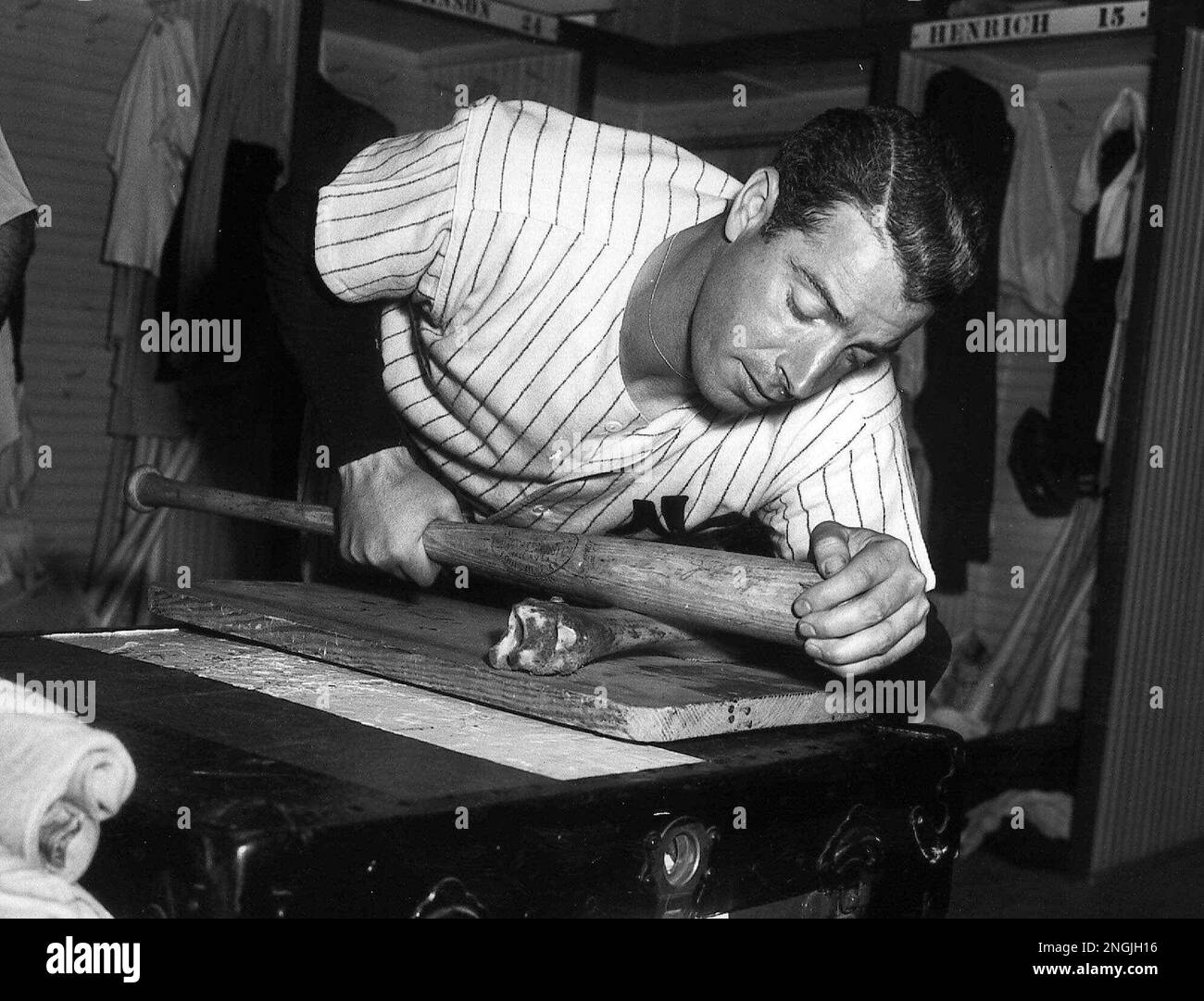 New York Yankees center fielder Joe DiMaggio carefully "bones" his bat ...