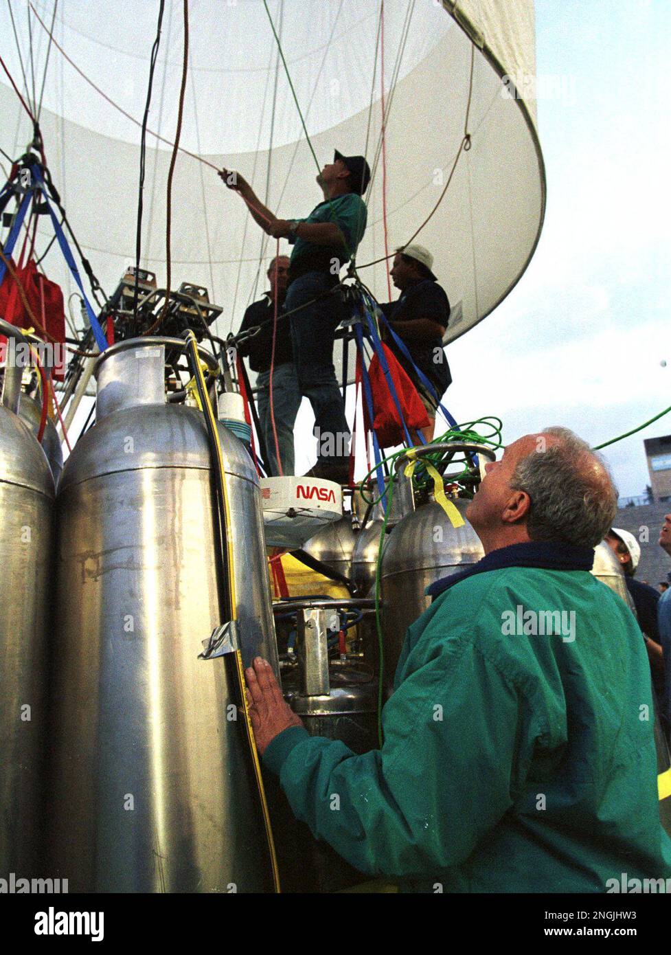 American Steve Fossett watches his balloon 'Solo Spirit' being prepared at Malvinas soccer ...