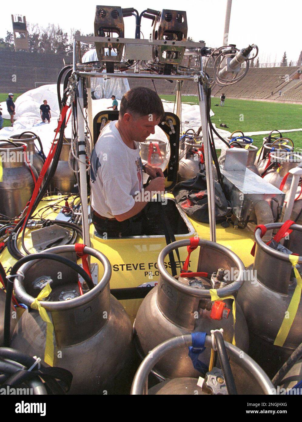 Chief Engineer Tim Cole works on the capsule of US adventurer Steve Fossett balloon Solo Spirit ...