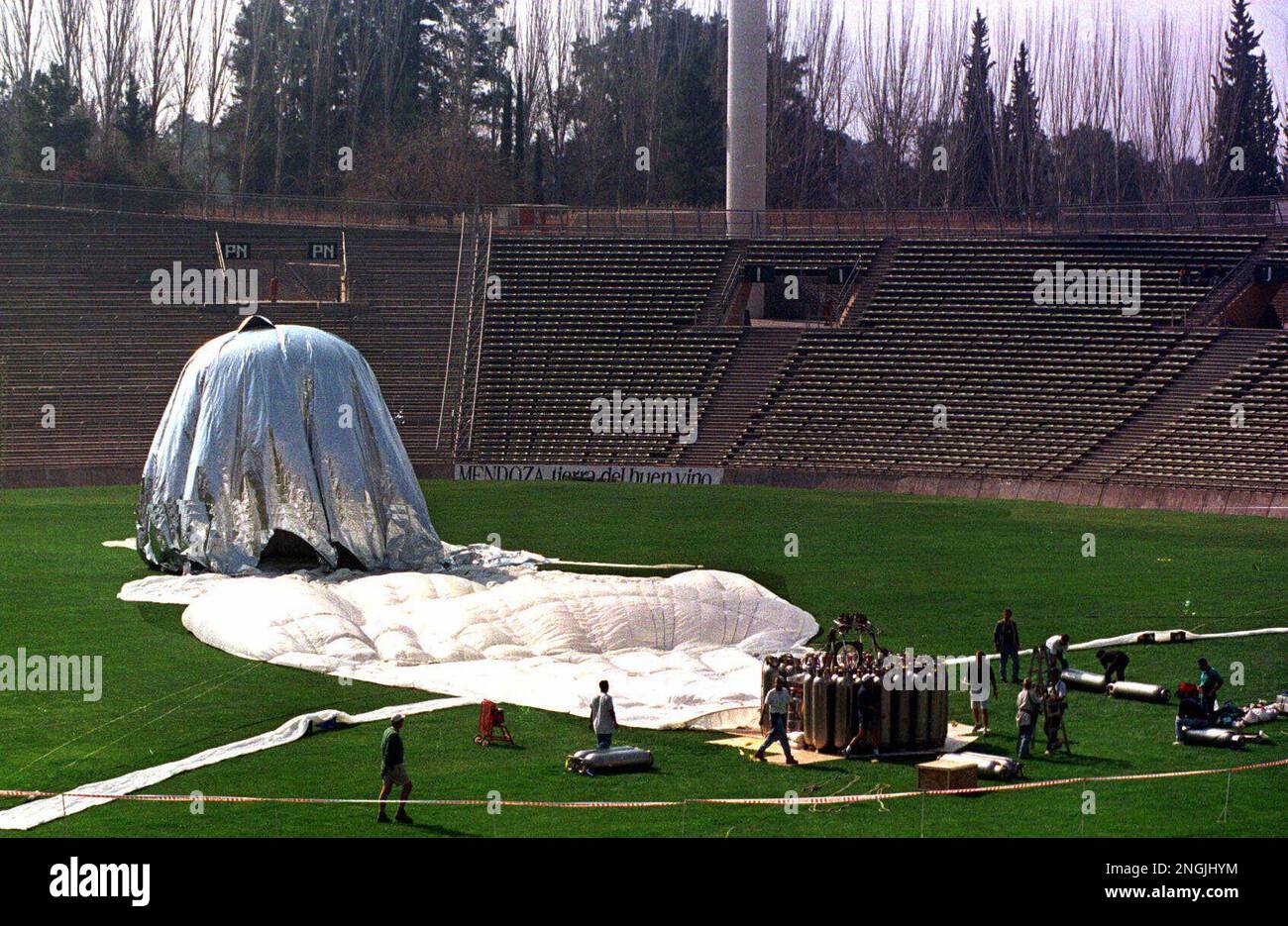 Members of the team U.S. adventurer Steve Fossett begin to inflate the ...