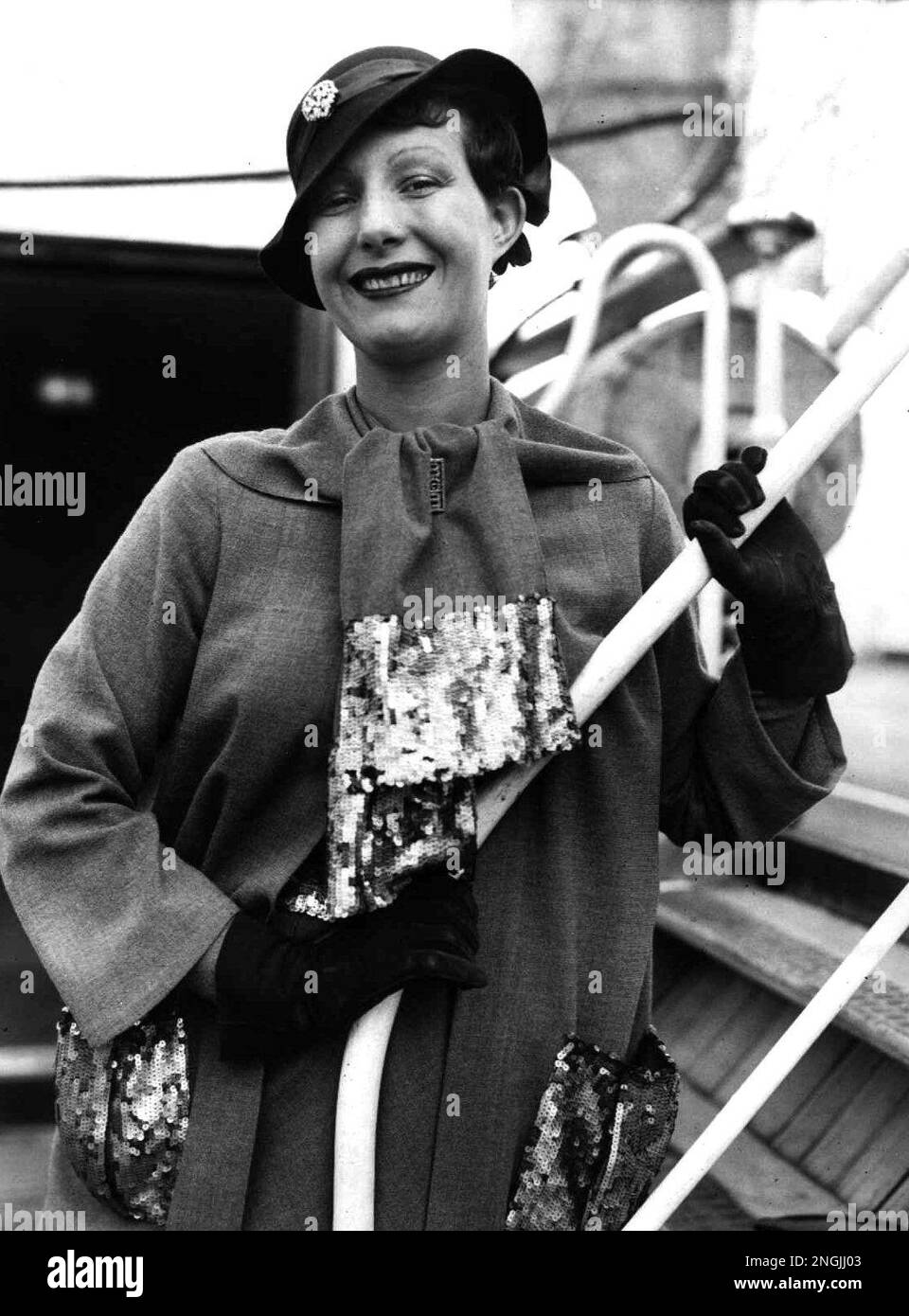 Actress Binnie Barnes shown on board The S.S. Aquitania in New York ...