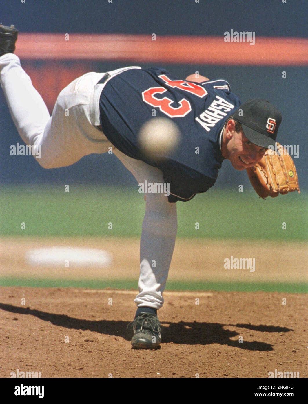 San Diego Padres pitcher Andy Ashby releases a pitch during his seven ...