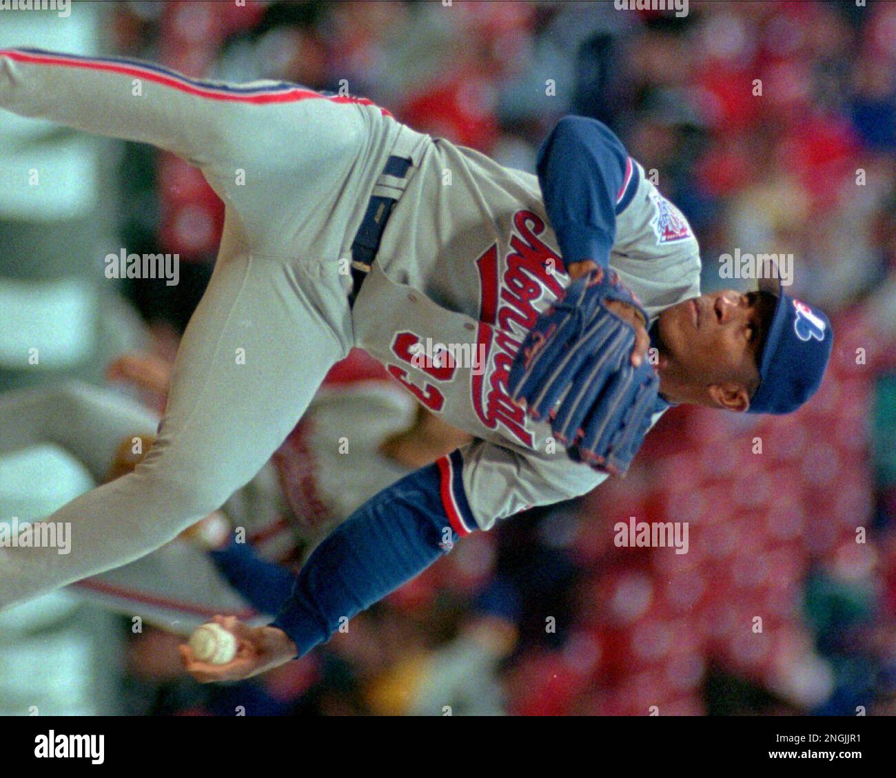 Montreal Expos pitcher Carlos Perez throws during the third inning against the St. Louis ...