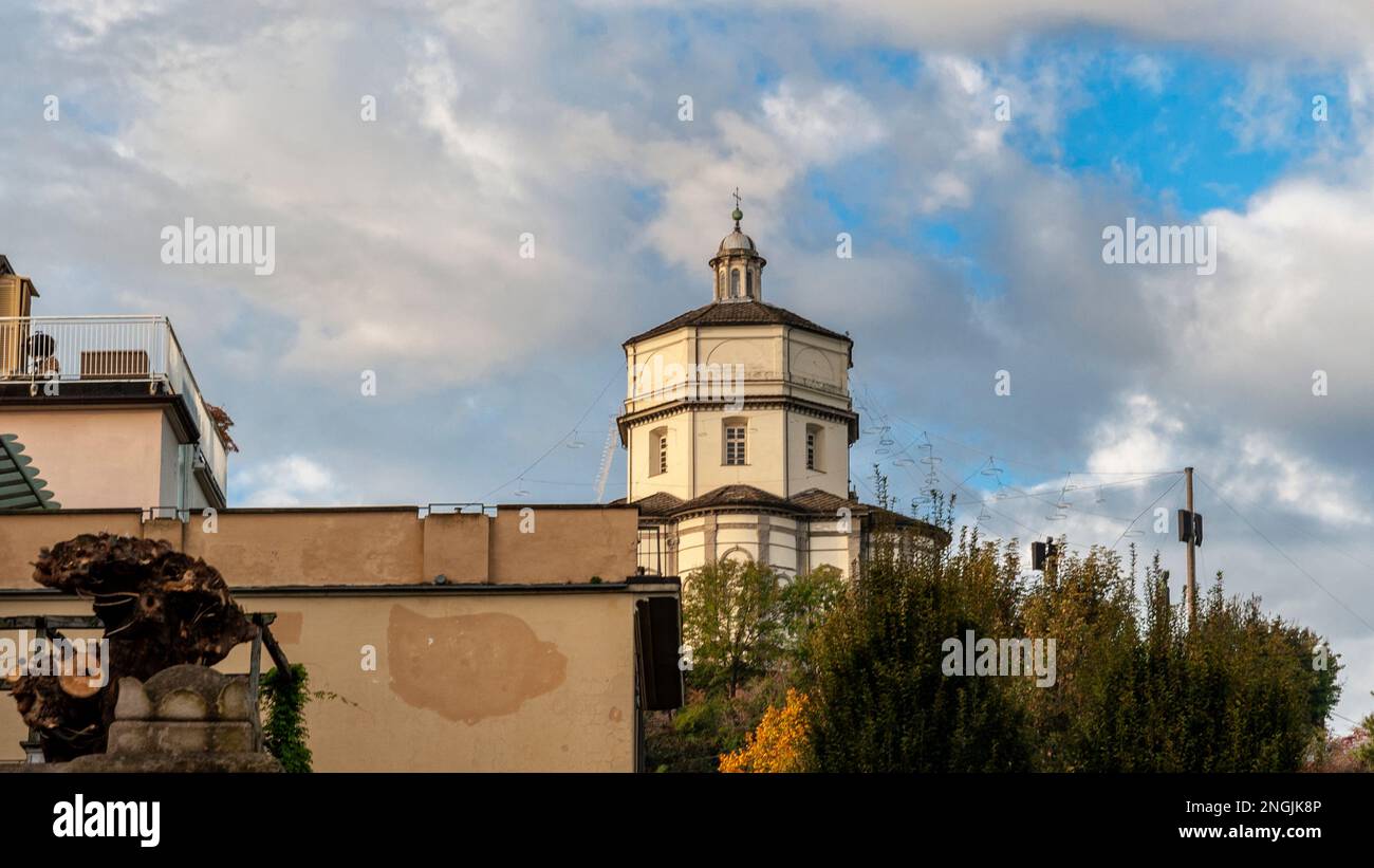 Italy, Turin. Urban panorama from piazza Gran Madre di Dio church, bell ...