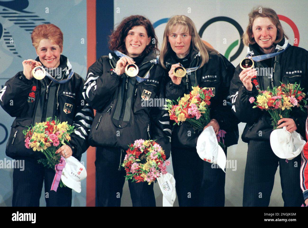 Gold medalists, from left, Ursula Disl, Martina Zellner, Katrin Apel ...