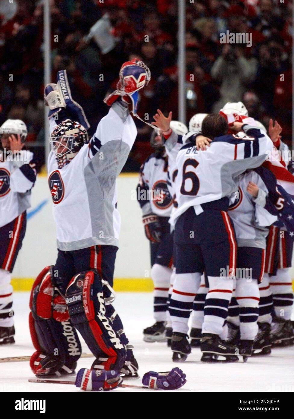 U.S. Olympic hockey goalie Sara DeCosta (1), left, jubilates the U.S ...