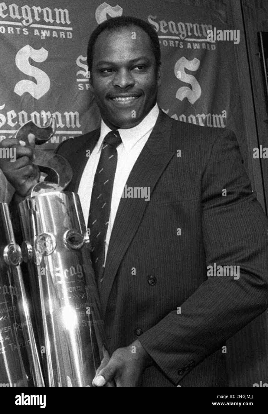 Miami Dolphins center Dwight Stephenson holds his Seagram Sports Award ...