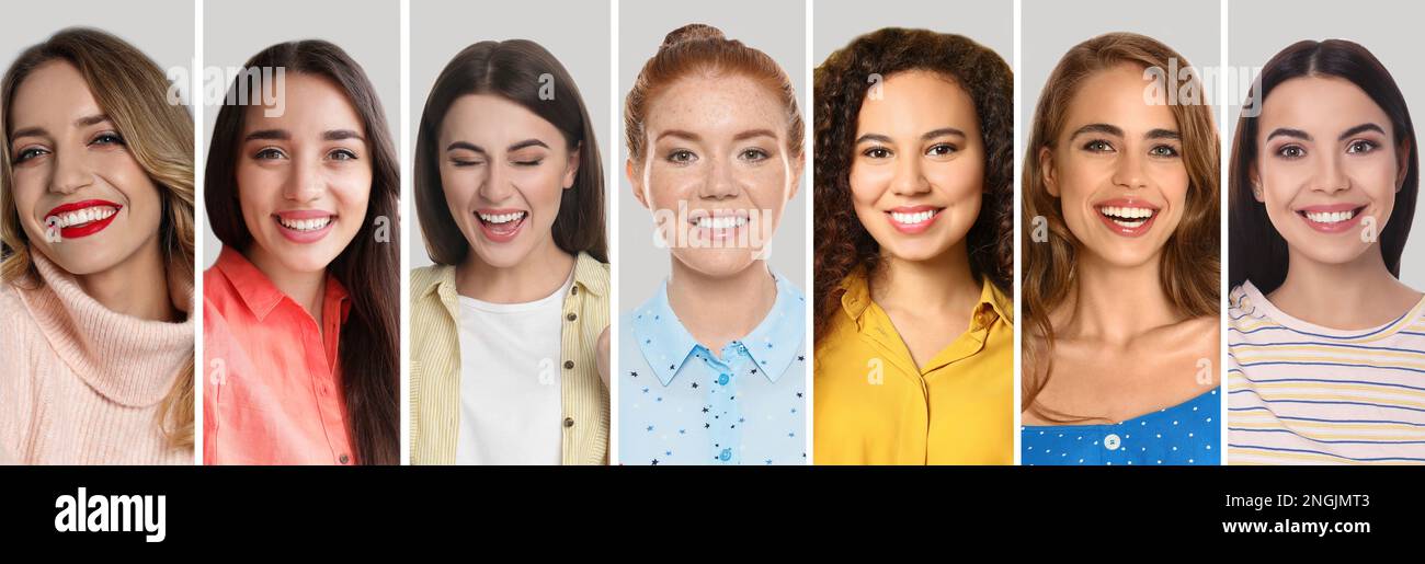 Collage with photos of happy smiling women on light grey background ...